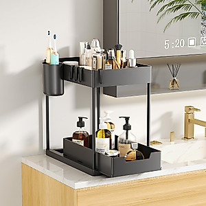 EYOBE Under Sink Organizer 2 Pack, 2-Tier Sliding Cabinet Organizer with Hooks and Hanging Cup, Multi-Use Under Sink Organizers and Storage for Kitchen Bathroom Office Laundry Room, Black