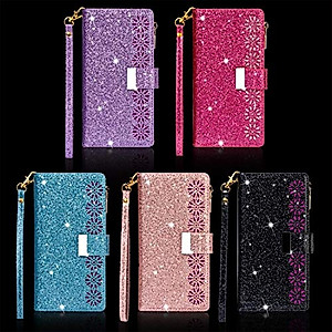 BOYUHII Silicone Protective Case for Phone for Samsung Galaxy A20e / A10e Multi-Card Slots Starry Sky Laser Carving Glitter Zipper Horizontal Flip Leather Case with Holder & Wallet & Lanyard ATCYE
