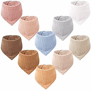 Konssy Muslin Baby Bibs 10 Pack Baby Bandana Drool Bibs 100% Cotton for Unisex Boys Girls,10 Solid Colors Set for Teething Drooling