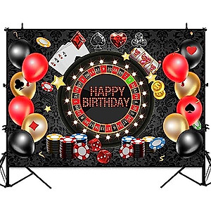 Sensfun Casino Birthday Backdrop Poker Las Vegas Birthday Party Background Roulette Chips Casino Night Theme Birthday Decorations Backdrops Cake Table Banner Photo Booth Props Vinyl 7x5ft