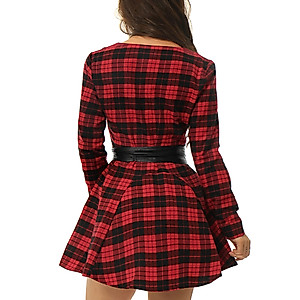 Allegra K Women's Christmas Plaid Dress Long Sleeve Button Down Belted Mini Shirtdress Small Red