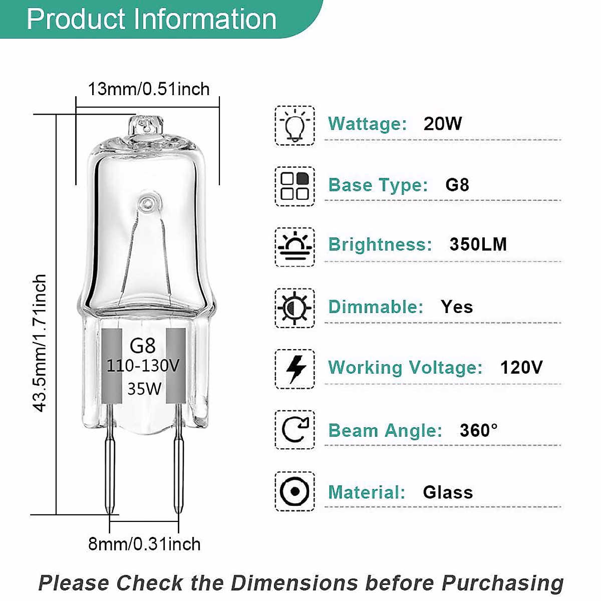 G8 Halogen Light Bulbs 20Watt 120Volt Halogen Bulbs Dimmable 2 Pin Xenon Bulb Warm White 2700K T4 JCD Type G8 Base Bi-Pin Shorter 1-3/8" (1.38") Length Under Cabinet Puck Lighting Replacements, 6Pack