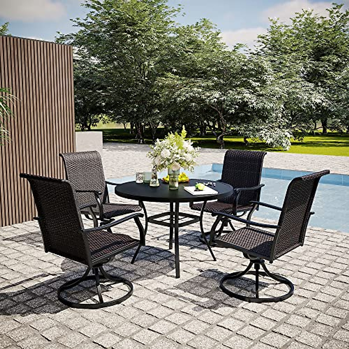 VICLLAX All Weather Patio Dining Set Includes 42" Round Patio Table and 4 Outdoor Swivel Wicker Chairs for Lawn Garden, Patio Table and Chairs Set, Outdoor Dining Set for 4, Black Table