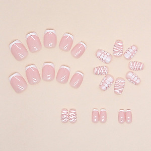 French Tip Press on Nails Short False Nails White Nail Tips Acrylic Nails with Ripple Design Fake Nails Square Shape Glue on Nails Cute White Artificial Nails Short Stick on Nails for Women Decoration