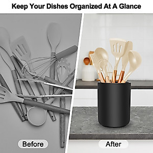 YKDGBRE Ceramic Utensil Holder for Kitchen Counter, Black Kitchen Utensil Holder for Countertop, 2 Pcs Cooking Utensil Crocks for Spatula, Spoon, Forks, Plant