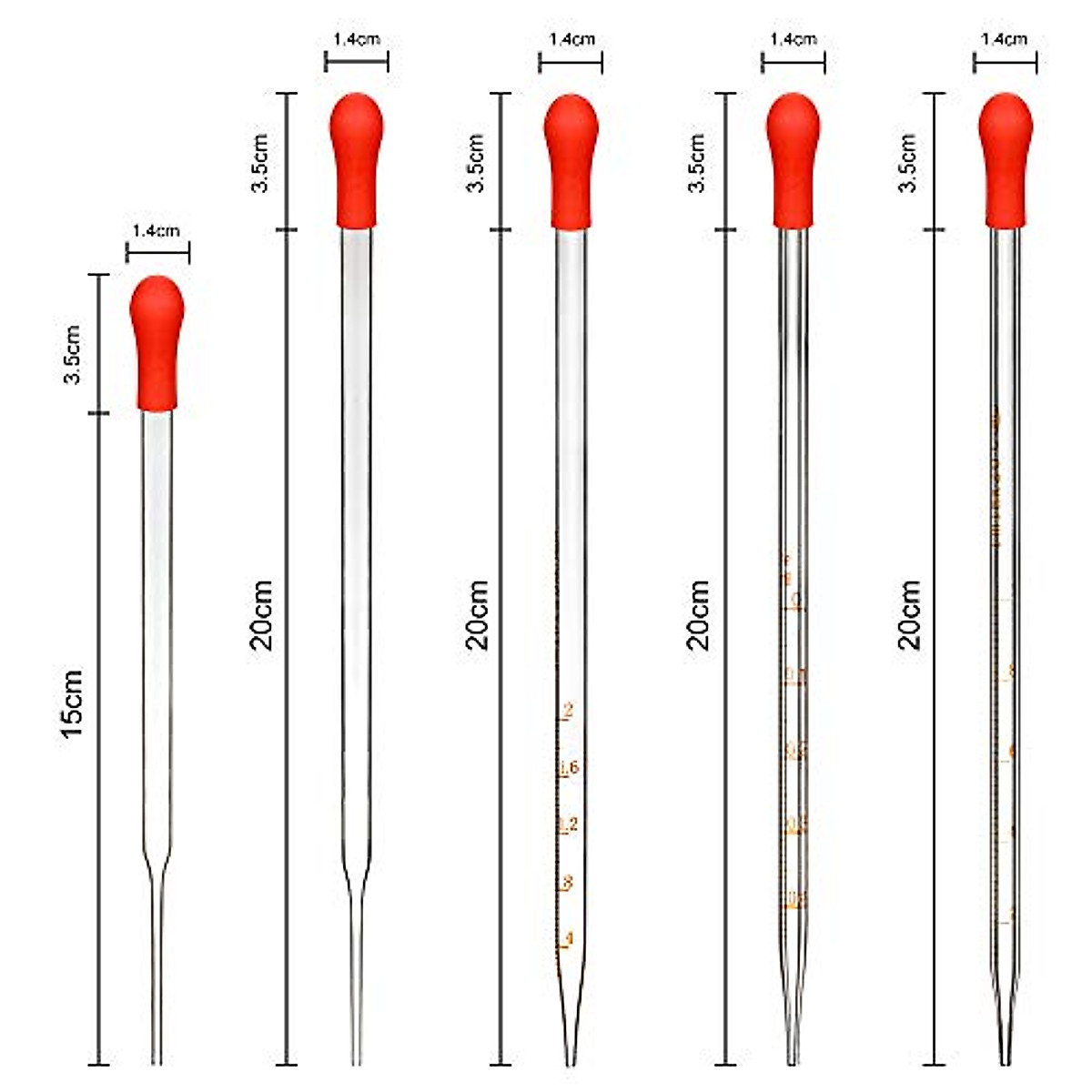 StonyLab Glass Dropper Pipettes Set, Thick Borosilicate Glass Dropping Pipettes Liquid Transfer Set with Red Rubber Caps for Lab, Set of 10 (Graduated 0.5ml, 1ml, 2ml; Non-Graduated 1ml, 3ml)