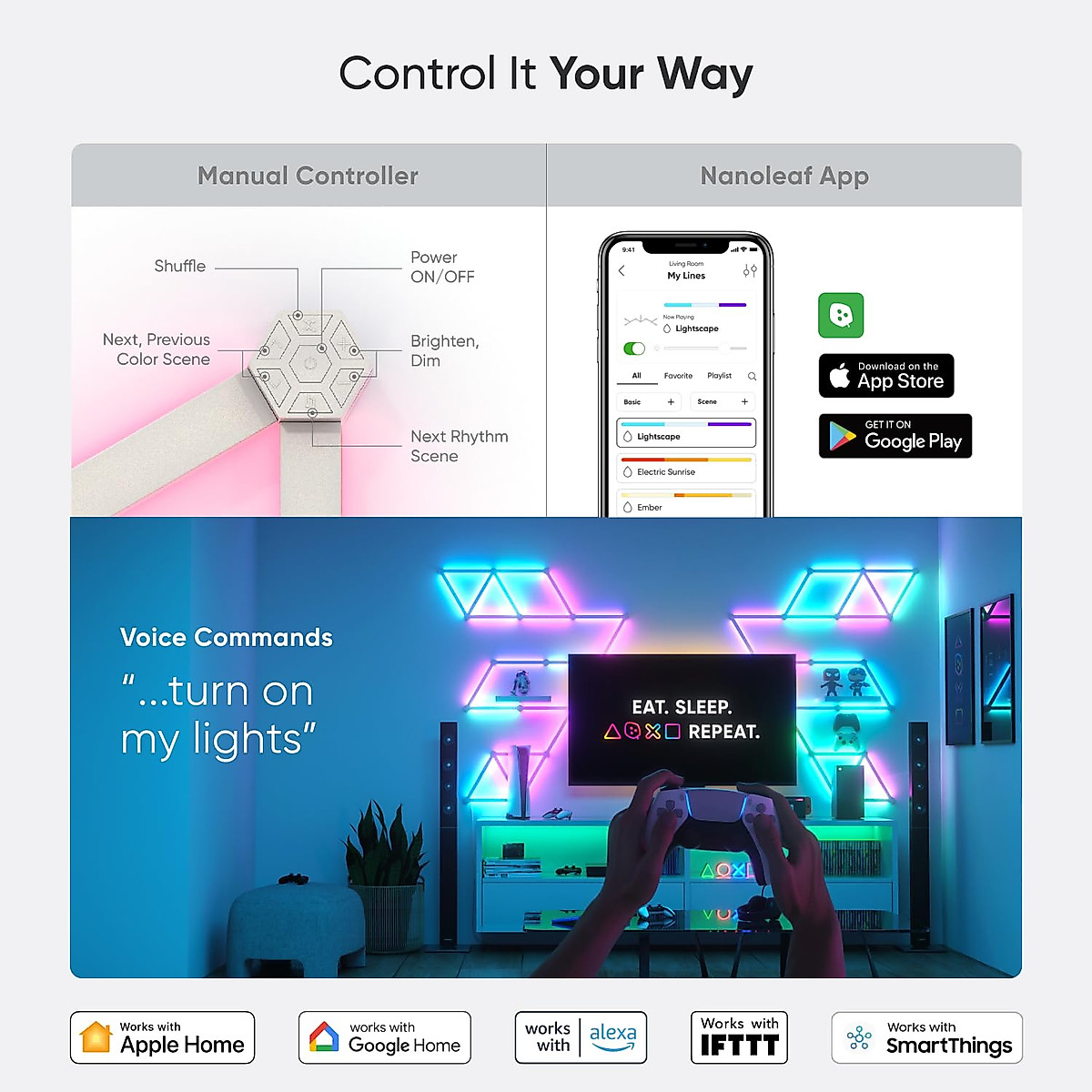 Nanoleaf Lines WiFi Smart RGBW 16M+ Color LED Dimmable Gaming and Home Decor Wall Lights Expansion Pack (3 LED Light Lines) (60 Degree Expansion (3 Pack))