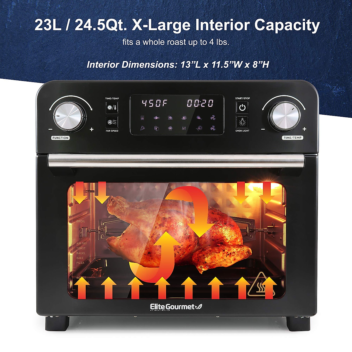 Elite Gourmet EAF9310 Digital Programmable Fryer Oven, Oil-Less Convection Oven Extra Large 24.5 Quart Capacity, fits 12" pizza, Grill, Bake, Roast, Air Fry, 1700-Watts, Black