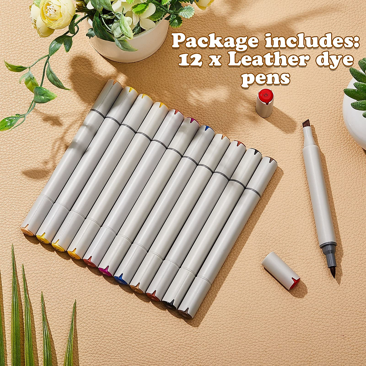 Teling 12 Packs Leather Dye Marker Pens Shoe Marker Leather Dual Tip Leather Touch up Pen for Repair Shoe Leather, 12 Colors