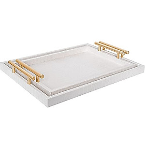 JUMBO HUMBLE Modern Elegant Large Wood Serving Tray, Set of 2 Pearl White Crocodile Leather with Gold Polished Metal Handles, Rectangle Decorative Tray Ottoman Tray Coffee Table Tray for Living Room