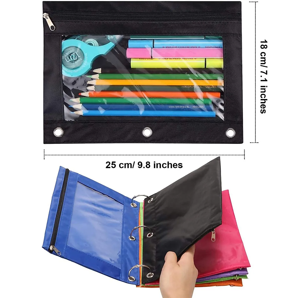 TOPWOOZU Pencil Pouch 3 Ring, Zipper Pencil Pouches Case Binder Cosmetic Bag Black 2 Pack
