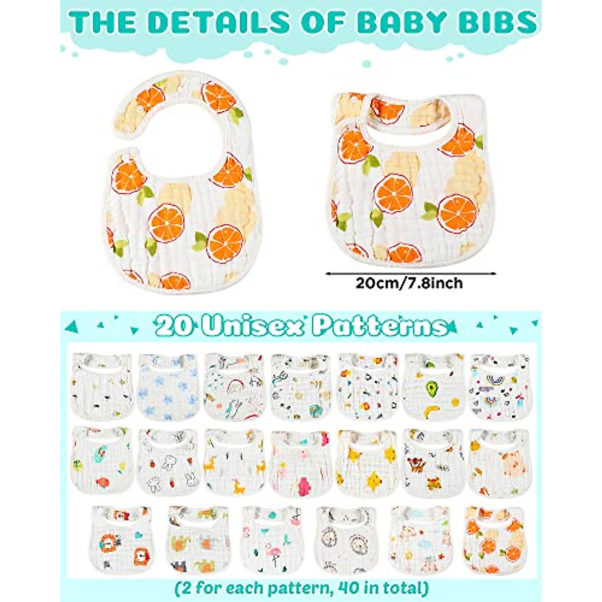 40 Pcs Muslin Baby Bibs Bandana for Boys Girls Newborn Infant Cotton Adjustable Baby Drool Bibs Unisex Absorbent Soft Waterproof Toddler Bibs for Baby Feeding, Teething and Drooling