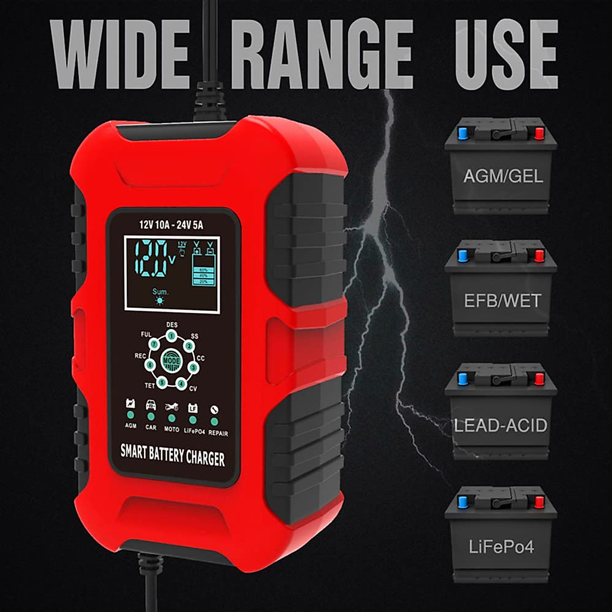 Foxsur 10-Amp 7-Stage Car Battery Charger for Wet/GEL/SLA/LiFePO4/Lead-Acid/AGM Batteries, 12V/ 24V Smart Battery Charger/Maintainer, for ATVs/Golf Cart/Motorcycle/Automobile/Marine etc Quick Charger