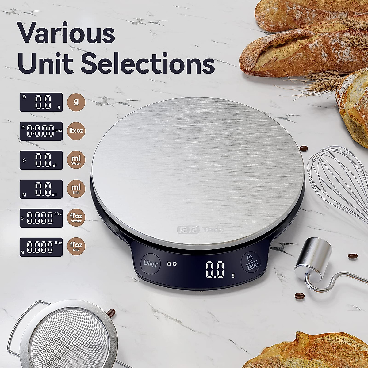 TADA Digital Food Kitchen Scale 11lb/5kg with 0.01oz/0.1g Precision for Cooking, Baking, Nutrition and Diet Weight Ounces and Grams, Stainless Steel