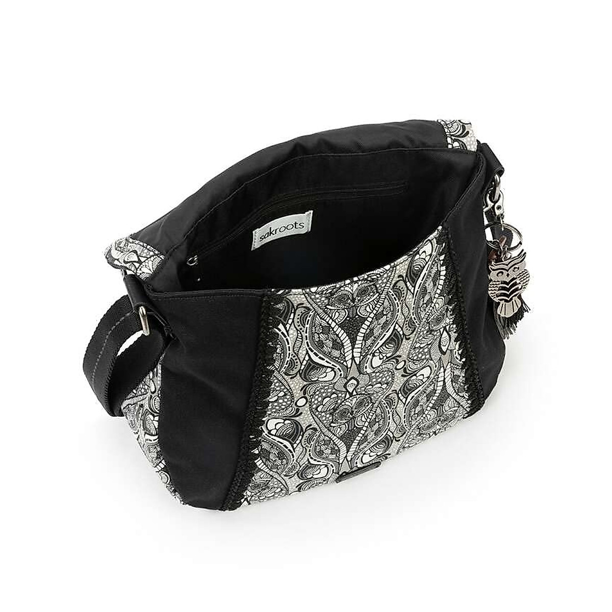 Sakroots Foldover Crossbody Bag in Cotton Canvas, Multifunctional Purse with Adjustable Strap & Zipper Pockets, Black & White Soulful Desert 2
