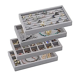 Tasybox Velvet Jewelry Trays Organizer for Drawers, Small Stackable Jewelry Display Tray for Ring Earring Bangle Bracelet Necklace, Set of 4, Gray