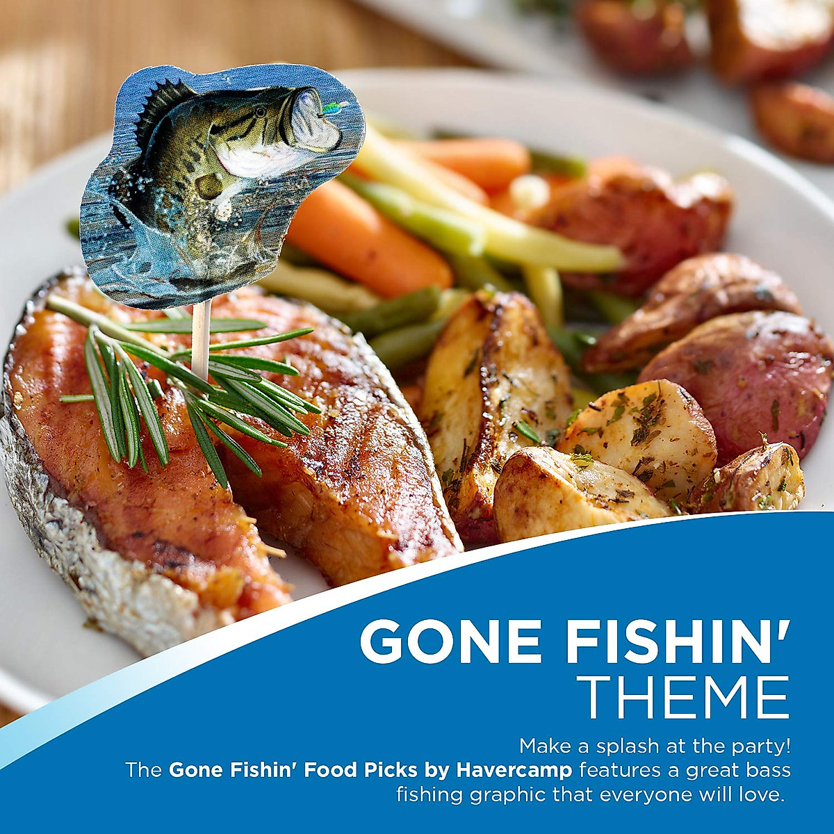 Havercamp 24 Count Bass Party Picks | Gone Fishin' Party Collection for Birthday, Retirement, Fishing Tournament