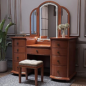 LEONYS Makeup Vanity Table Set with Round Mirror, Built-in LED Light, Dressing Desk with 9 Drawers and Cushioned Stool for Bedroom, for Women (Color : Brown)