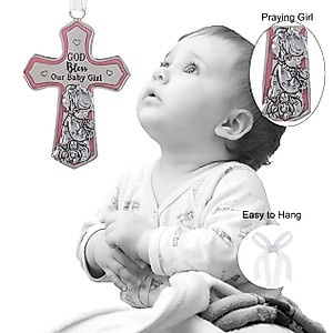 Christening Gifts for Girls, Catholic Baptismal Gifts for Girls, Ornate Crib Cross Baby Girl, Baby Shower Crib Medal Praying Girl, God Bless Our Baby Girl Nursery Wall Cross Décor