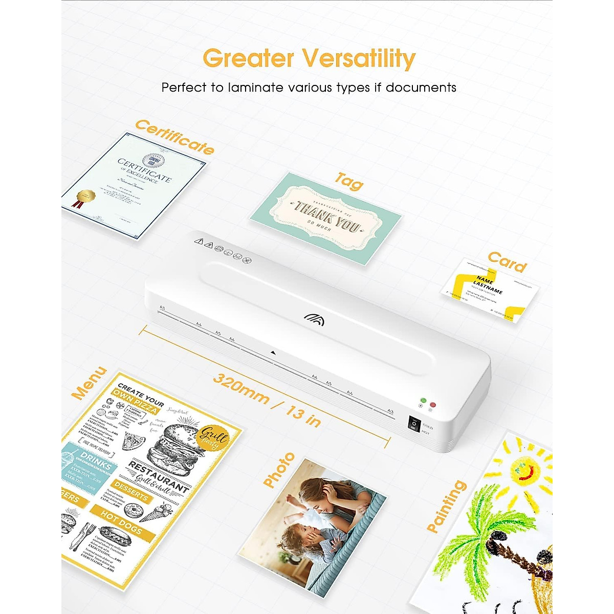 Crenova A3 Laminator, 13-Inch HOT and Cold Laminator Machine with Paper Trimmer, Corner Rounder, Hole Puncher, and 20 Thermal Laminating Pouches for Home, Office, and School Use