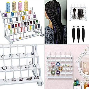 Sew Tech Thread Rack for 60 Spools or 30 Cones, Wall Mounted Large Thread Holder with Long Pegs, Bright White Plastic Thread Stand for Embroidery Serger Sewing Thread Storage and Hair Braiding