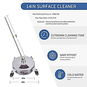 Biswing 14" Pressure Washer Surface Cleaner with 4 Wheels, Stainless Steel Power Washer Accessory for Driveways Sidewalks Patios Cleaning, 1/4" Quick Connector, 2 Extension Wand Attachments, 4000 PSI