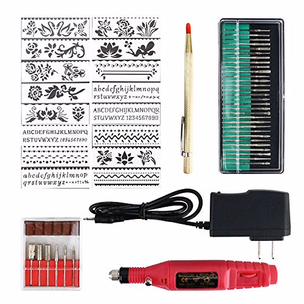 YaeTek 61pcs Mini DIY Engraving Tool Kit, Electric Micro Engraver Pen Etching Pen, Micro Sander Rotary Tool Kit Scriber Etcher 36 Bits 6 Polishing Head 16 Stencils