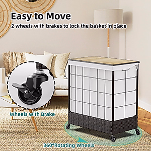 Laundry Hamper with Wheels, 110L(29 Gal.) Large Clothes Hamper with Wood Lid and Wicker Bottom, Rolling Laundry Sorter with Removable Liner Bag for Living Room, Bedroom