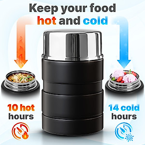 Earth&ME Stainless Steel Thermo For Hot Food 17OZ with Folding Spoon, Vacuum Insulated Food Container, Soup Thermo with Wide Mouth, Insulated Food Jar for Hot & Cold Food, Matte Black