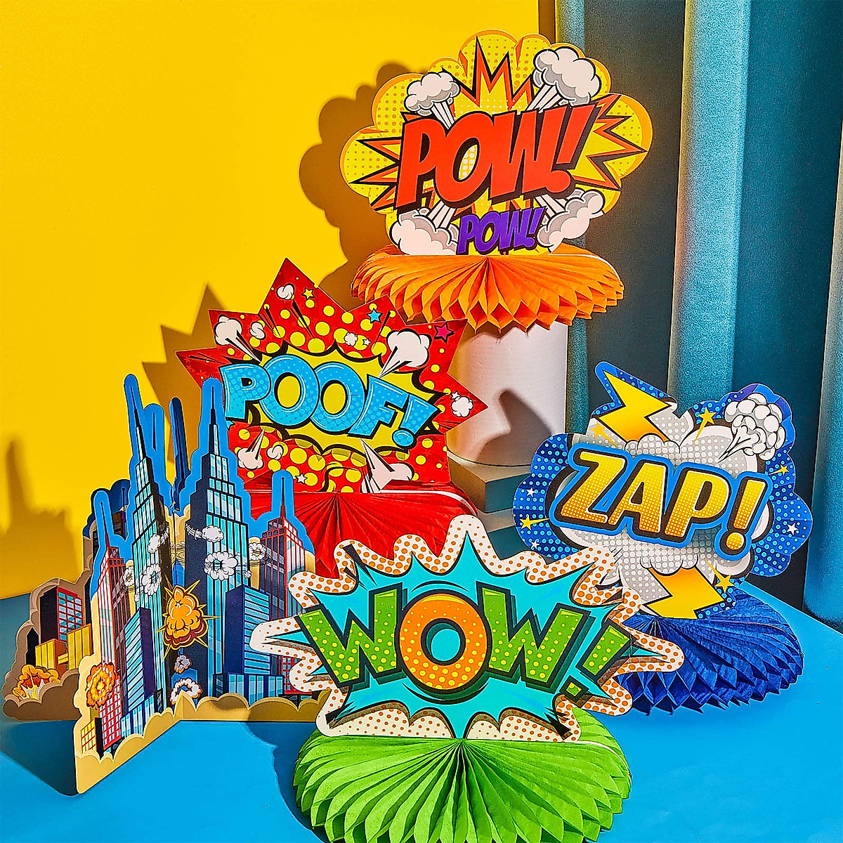 10 Pieces Hero Themed Party Decorations Honeycomb Centerpieces Action Sign Table Topper Sign Standing Cards for Birthday Party Baby Shower Decor Supplies