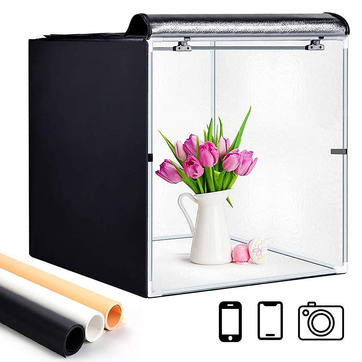 Lightbox, GLZ 24x24 Inch Photo Studio Light Box Shooting Tent Kit with Dimmable and Movable LED Lights, Carry Bag and 3 Color backdrops for Photoshoot (White Black Orange)