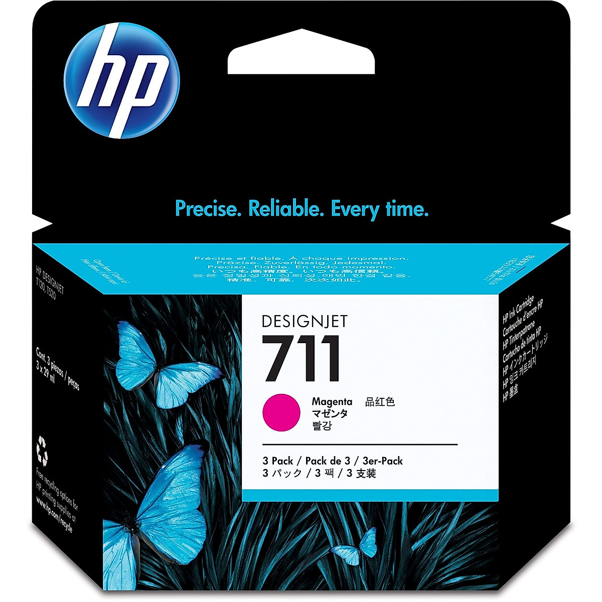 HP 711 Magenta 29-ml 3-Pack Genuine Ink Cartridges (CZ135A) for DesignJet T530, T525, T520, T130, T125, T120 & T100 Large Format Plotter Printers
