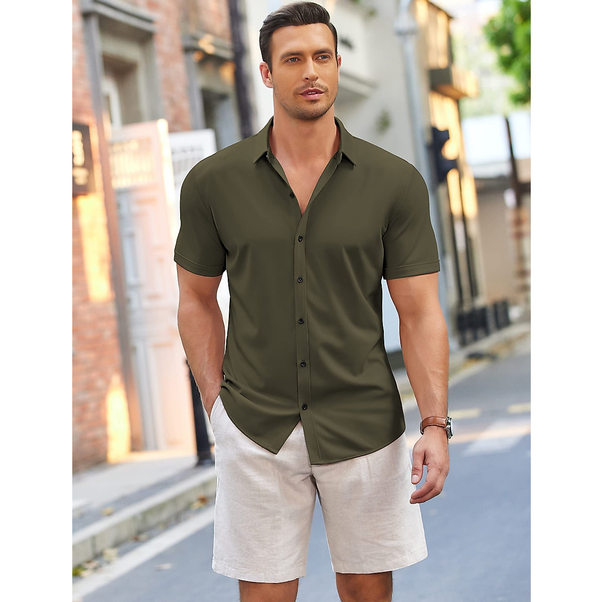 COOFANDY Mens Shirt Dress Button Up Wrinkle Free Casual Slim Fit, Army Green, Medium, Short Sleeve