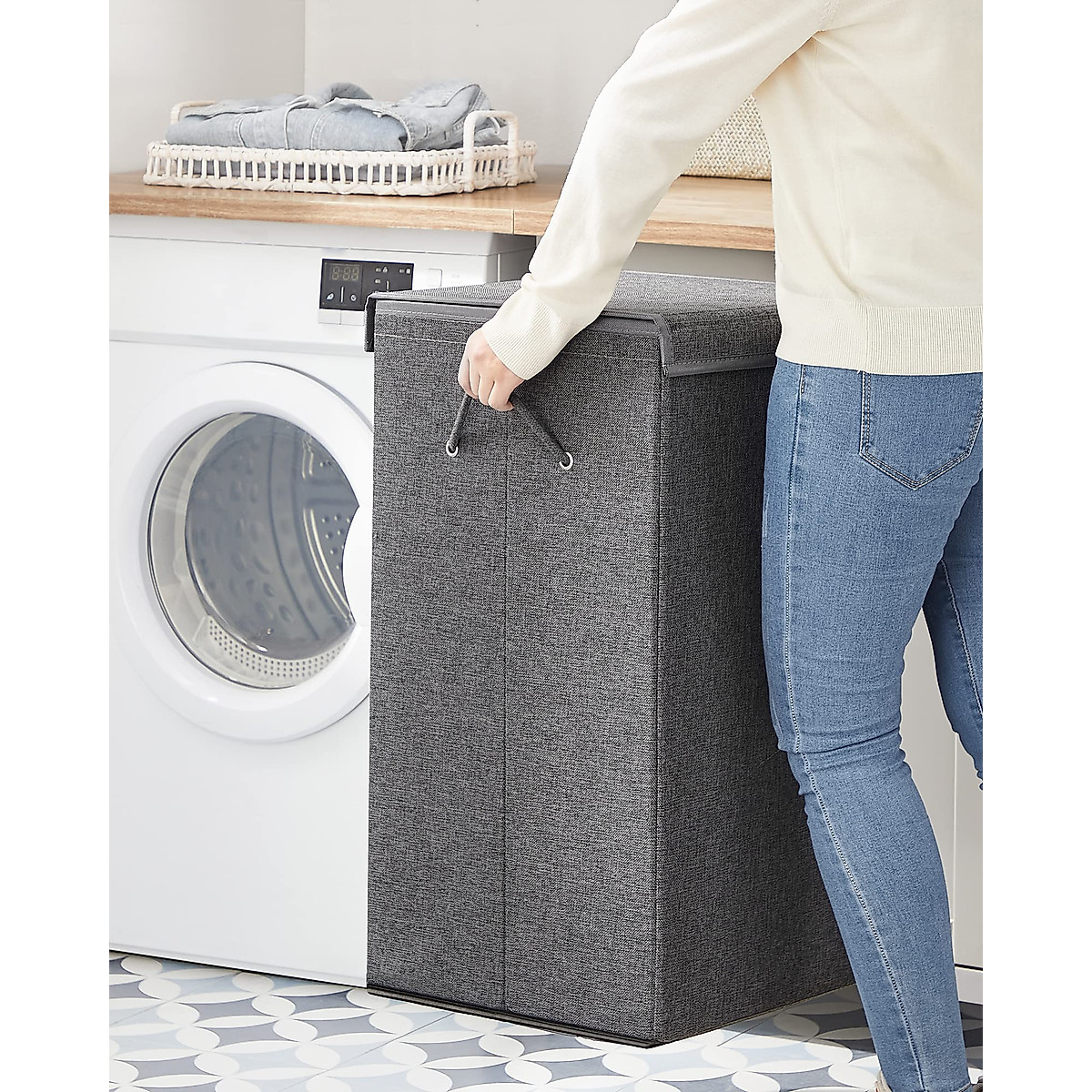 SONGMICS 37.5 Gal. Foldable Laundry Basket with 2 Compartments, Magnetic Lid and Handles, Removable Liner Bag, Dark Gray