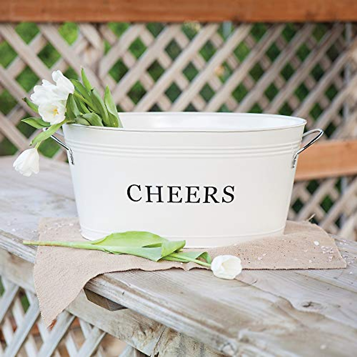 Twine Rustic Farmhouse Decor Ice Bucket & Galvanized Cheers Beverage Tub for Parties, 6.3 Gallons, Cream