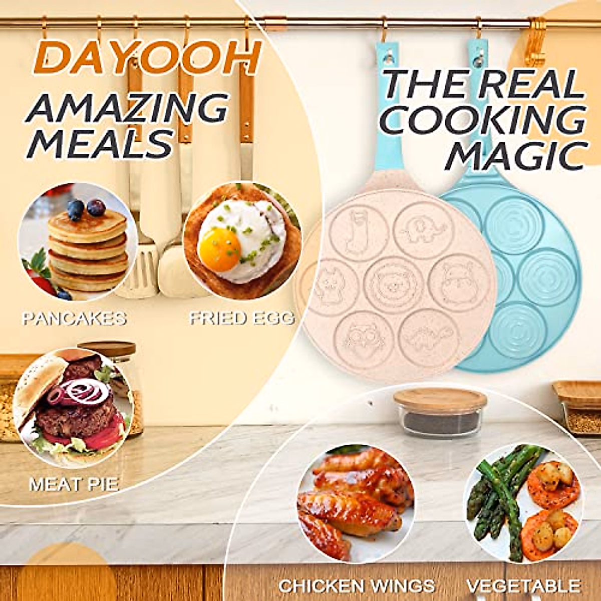 DAYOOH Pancake Pan Nonstick, Egg Waffle Maker Breakfast Silver Dollar Pancake Waffle Pan for Pancakes Nonstick Pancake Maker Griddle, Crepe Maker 7 Animal Pancakes Molds for Kids Omelette Skillet Pan