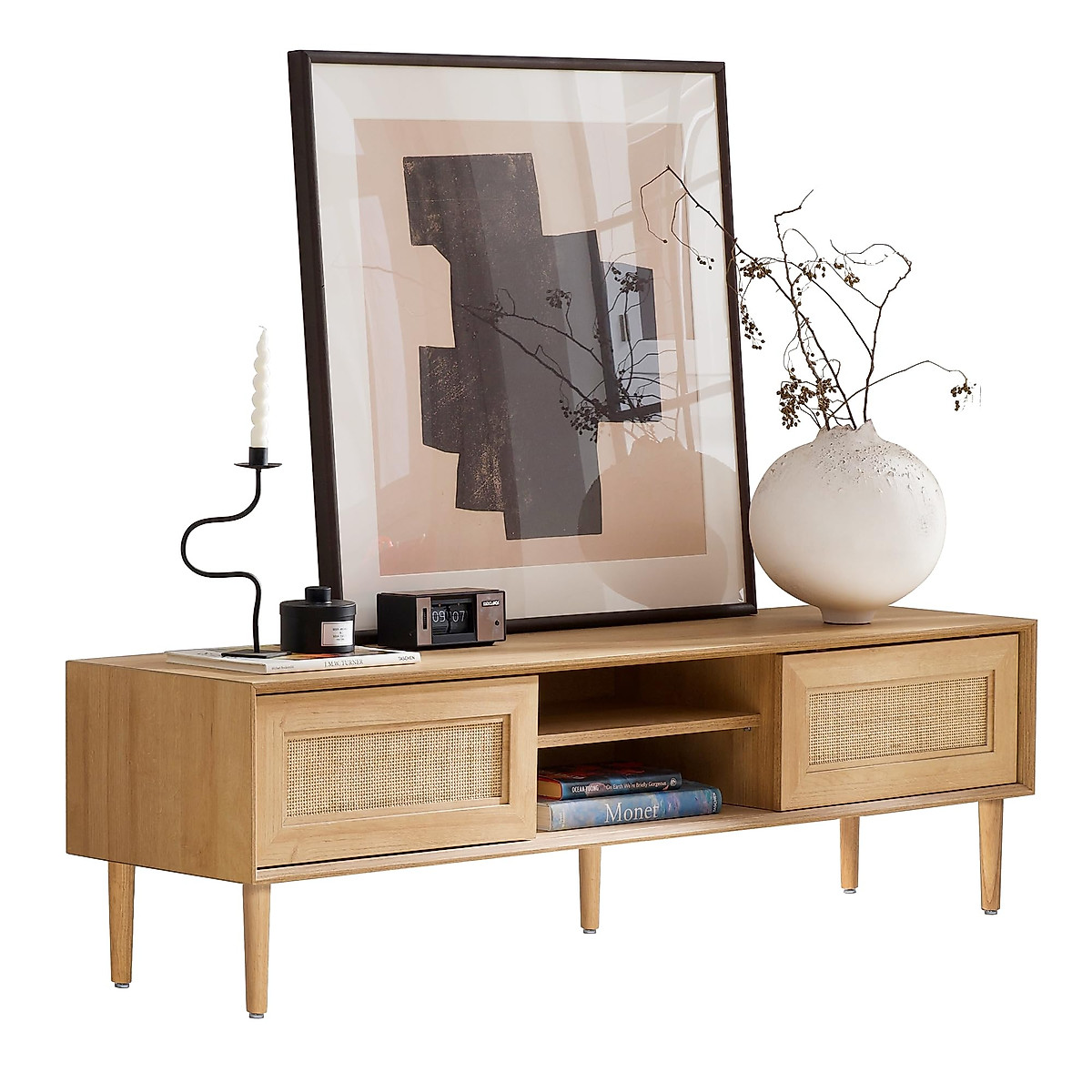 HMeeZnn Rattan TV Stand for 55 Inch TV, Mid Century Modern Entertainment Center with Storage Boho TV Console Table with 2 Cabinets for Living Room Bedroom, Natural Wood