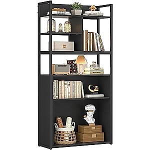 armocity Black Industrial Bookshelf, 6 Tier Tall Bookshelves Wood Metal Frame Standing Bookcase, Display Book Shelf with Adjustable Storage Shelves for Home Office, Living Room, Bed Room, Black