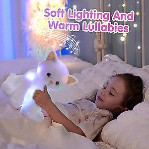 Houwsbaby 12'' White Musical Light Up Cat Stuffed Animal Kitty Plush Toy Singing LED Glowing Cat Plush Toy Christmas Festival Birthday Presents for Kids Girls Boys