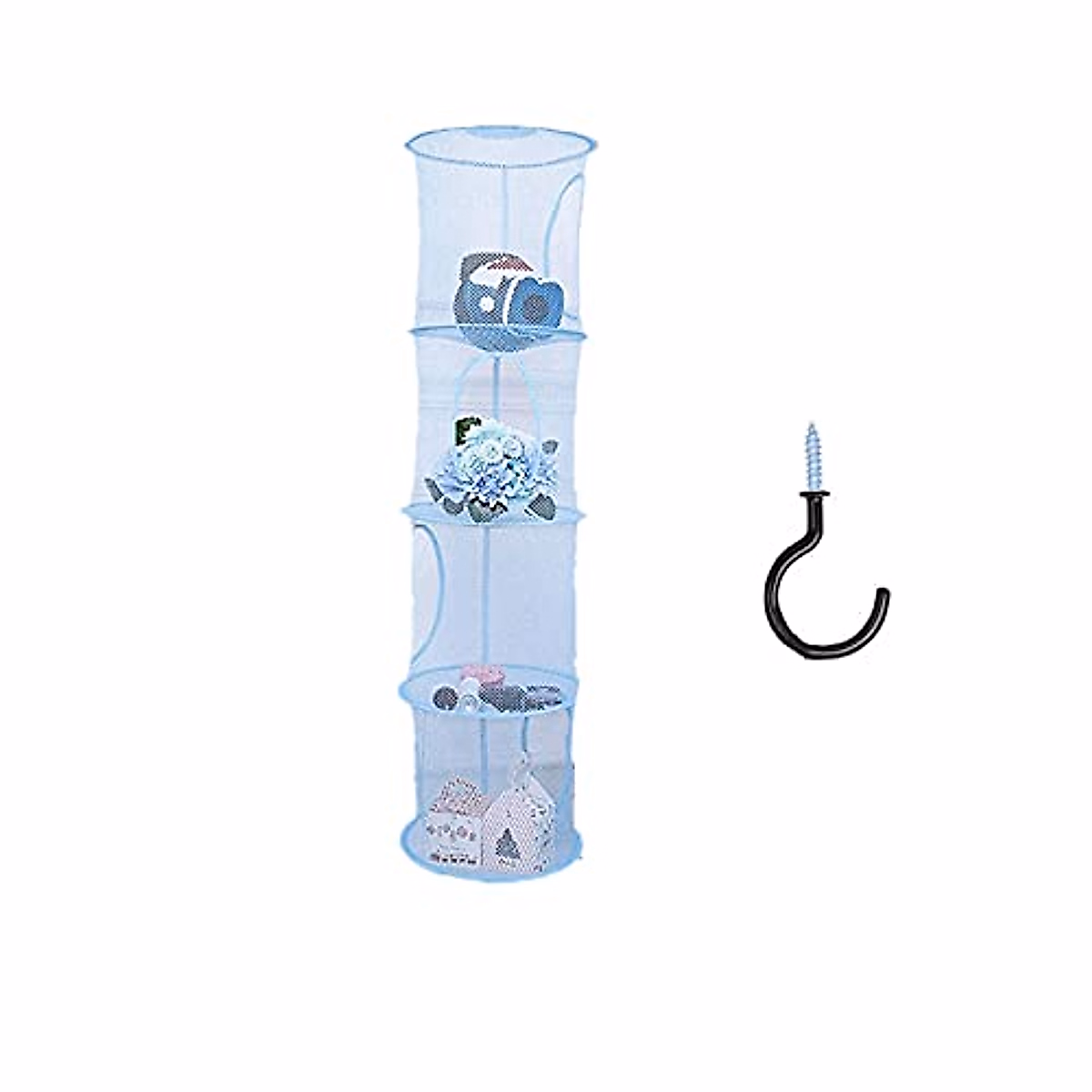 4 Tier Storage Organizer,43 1/2 x12 Inch Hanging Mesh Storage Basket with 2 Inch Screw-in Hooks,Folding Basket for Toys or Store Gloves,Shawls, Hats and Mittens, Attaches Easily to Any Rod (Blue)