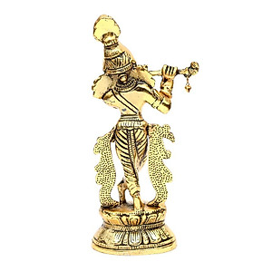 Orbit Art Gallery Gold Plated Metal Handicraft Lord Krishna Bhagwan Murti Hindu God Kanha Ji Idol for Gift Puja Item