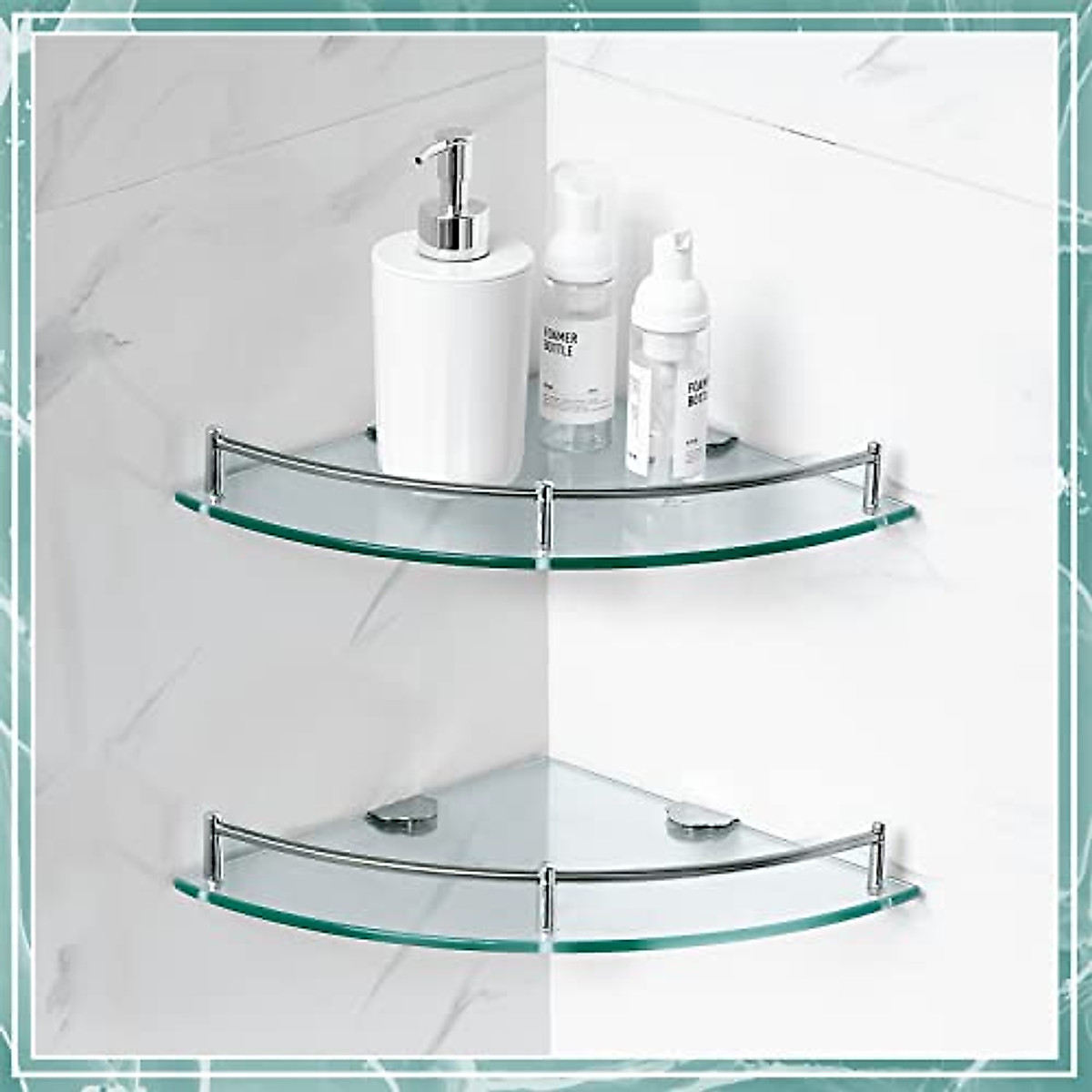 Corner Shower Shelf 2-Tier Glass Corner Shelf Stainless Steel Wall Mounted Corner Bathroom Organizer for Storing Bottle Shower Gel Shampoo Brush, Silver, 9.25 Inches（2Pcs）
