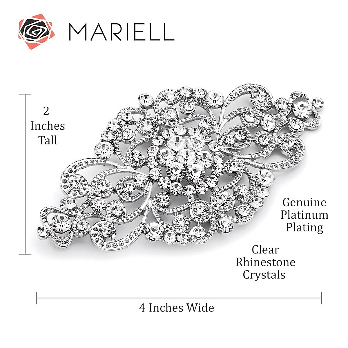 Mariell Vintage Bridal Crystal Brooch Pin, 4" Wide, Antique Silver Wedding Pin, Rhinestone Brooch for Brides and Wedding, Art Deco Fashion Accessory