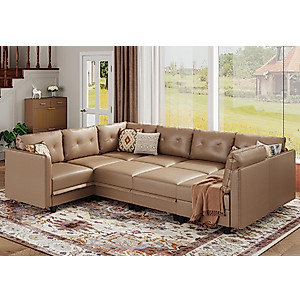 LLappuil Modular Sectional Sofa, Oversized U Shaped Sofa with Storage, Sectional Couch for Living Room, Faux Leather Fabric Waterproof Sofa, 8 Seats with Ottoman, Cognac Brown