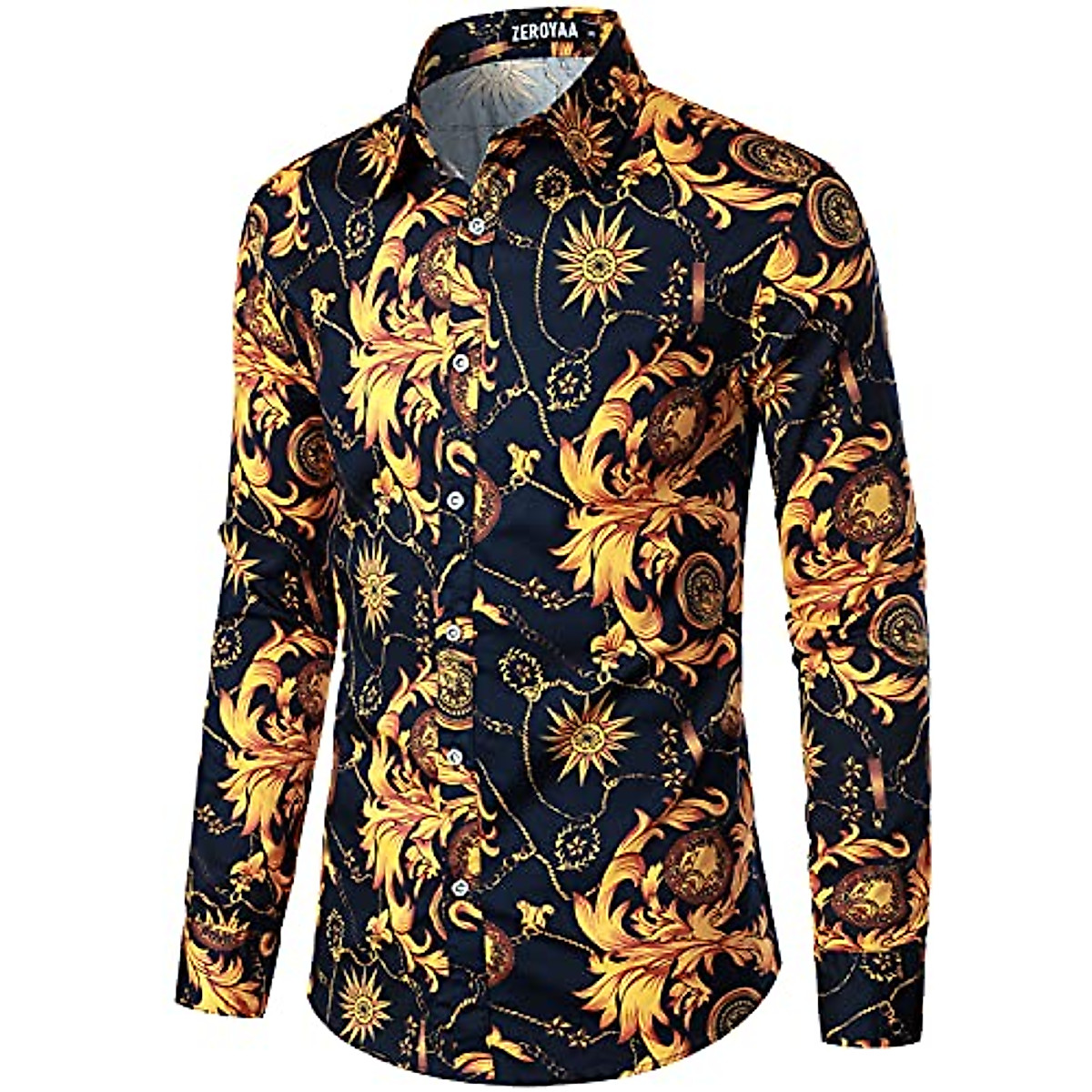ZEROYAA Men's Luxury Printed Slim Fit Long Sleeve Casual Button Down Stretch Floral Shirt ZLCL37-103-Navy Medium