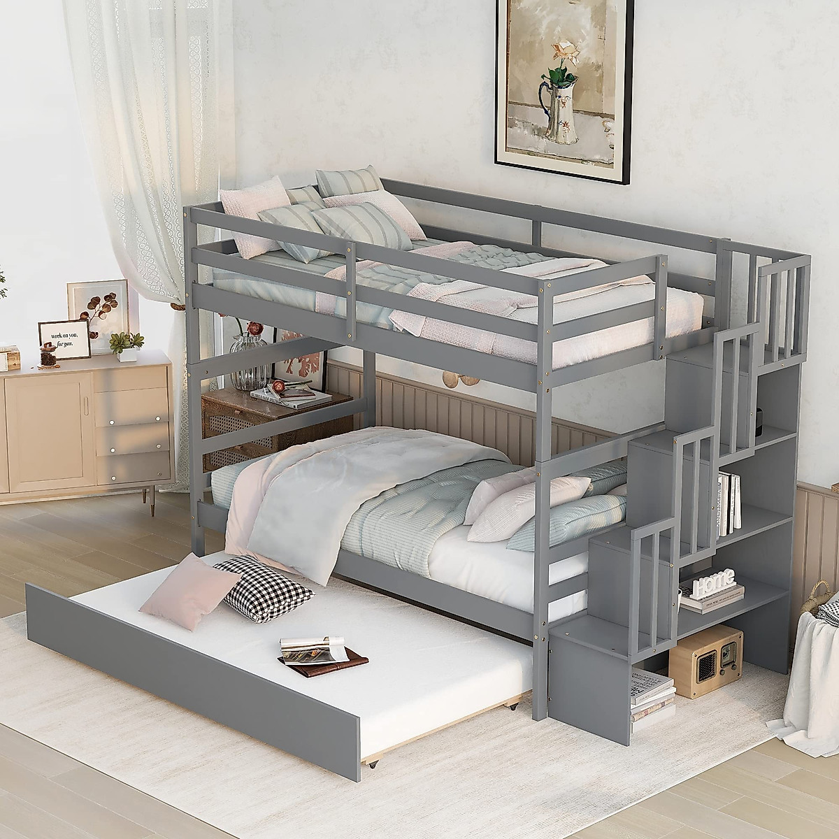 Harper & Bright Designs Stairway Bunk Bed Twin Over Twin with Trundle,Detachable Bunk Beds Twin Over Twin with Stairs,Wood Twin Bunk Beds with Storage Shelves for Kids Teens Girls Boys, Grey