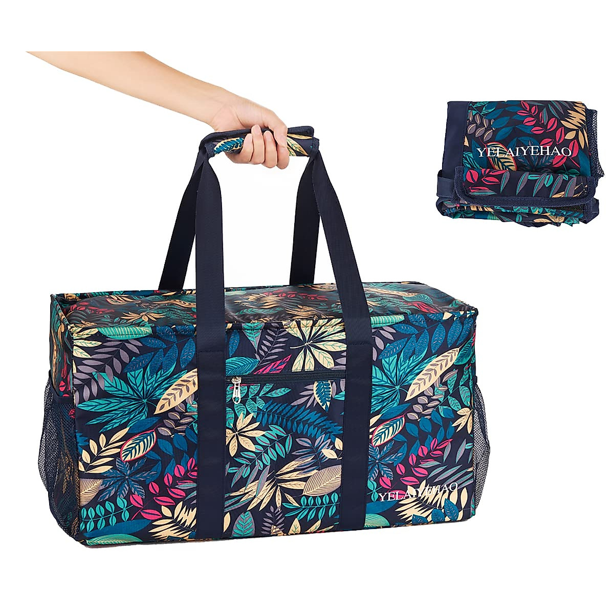 YELAIYEHAO Large Utility Tote Bag with lid, Foldable Collapsible Tote for Storage Pool Beach Shopping picnic laundry gym and Luggage