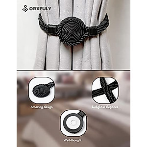 Magnetic Curtain Tiebacks - Modern Unique Upgraded Design 2023 Elegant Twisted Polyester Rope with Strong Magnets Decorative Holdbacks for Window Drapes & Curtains ORXFULY (Black, 2) (ck-041)