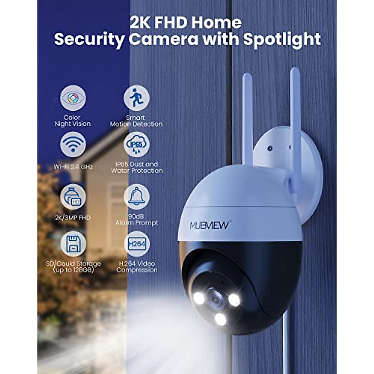 MUBVIEW 2K Security Camera Outdoor, Security Cameras with 360° PZT View, 2.4G WiFi Wired Home Surveillance Cameras, Color Night Vision, Motion Detection, Siren, 2 Way Talk, 24/7, Works with Alexa