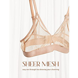Wingslove Women's Sheer Mesh Bra Sexy Lace See Through Bralette Unlined Wireless Plunge Triangle Transparent Bras (Nude,36D)